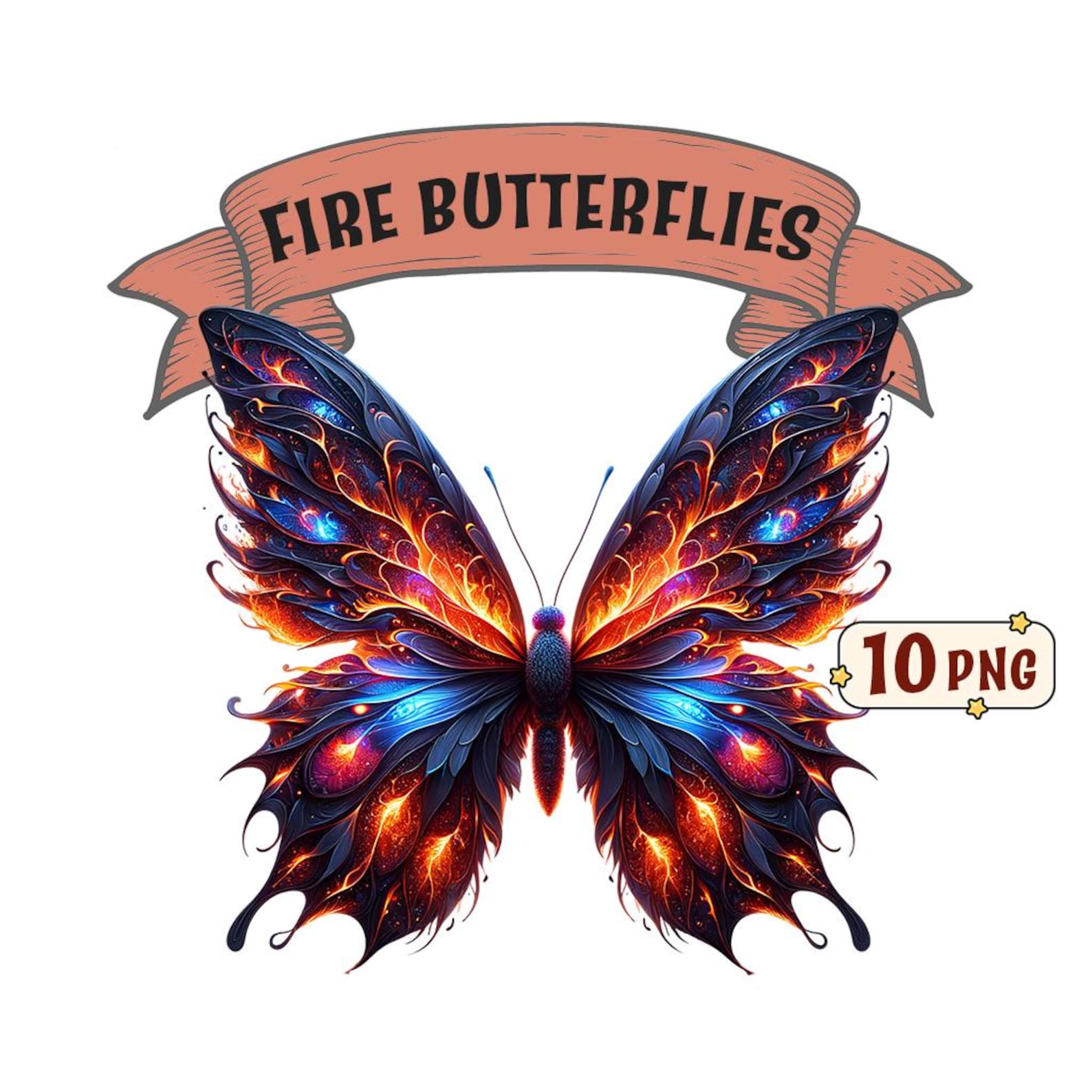 Fire Butterflies Clipart Bundle, 10 Beautiful Fire Themed Butterfly PNG ...