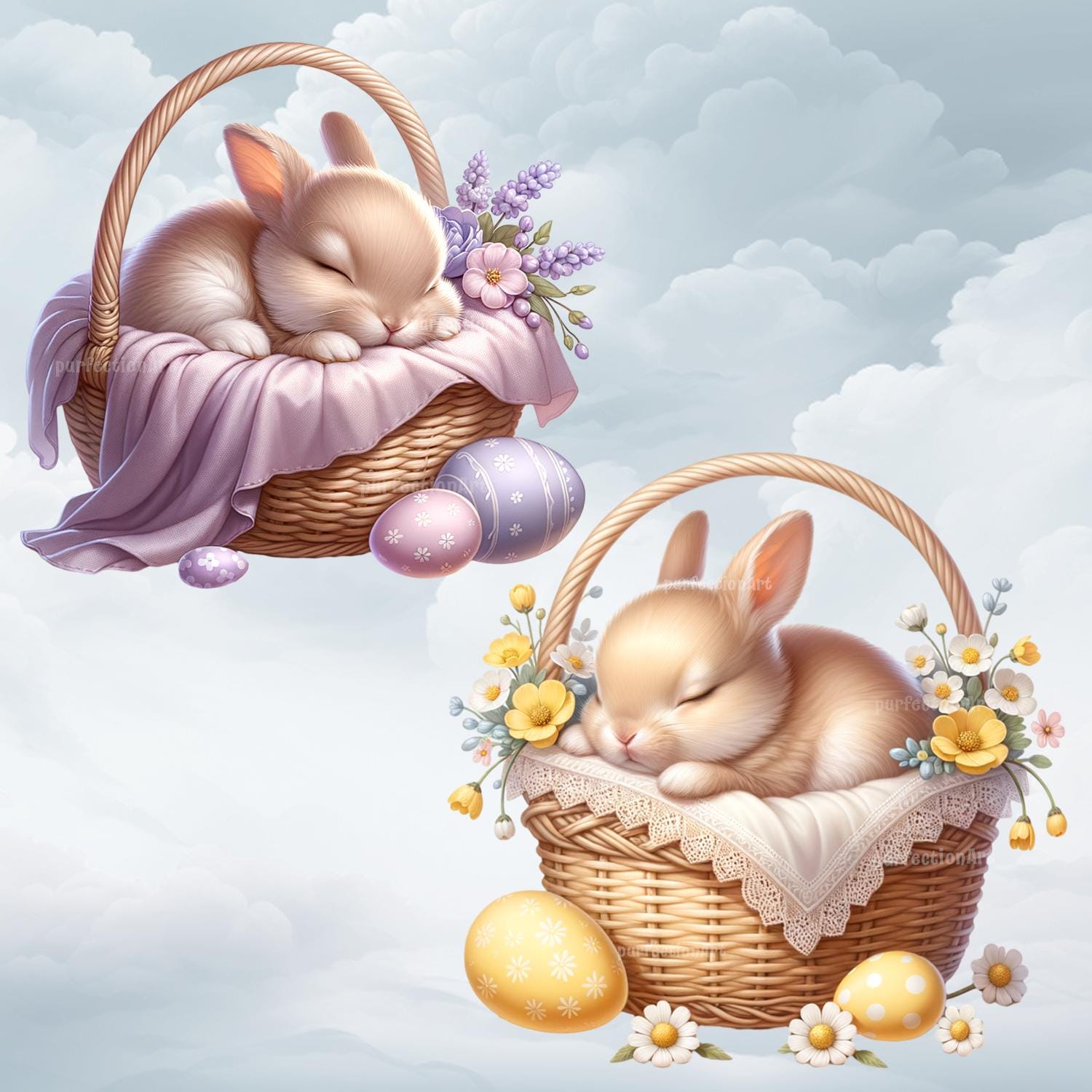 Sleepy Easter Bunnies Clipart Bundle, 10 Fluffy Baby Bunnies Sleeping ...