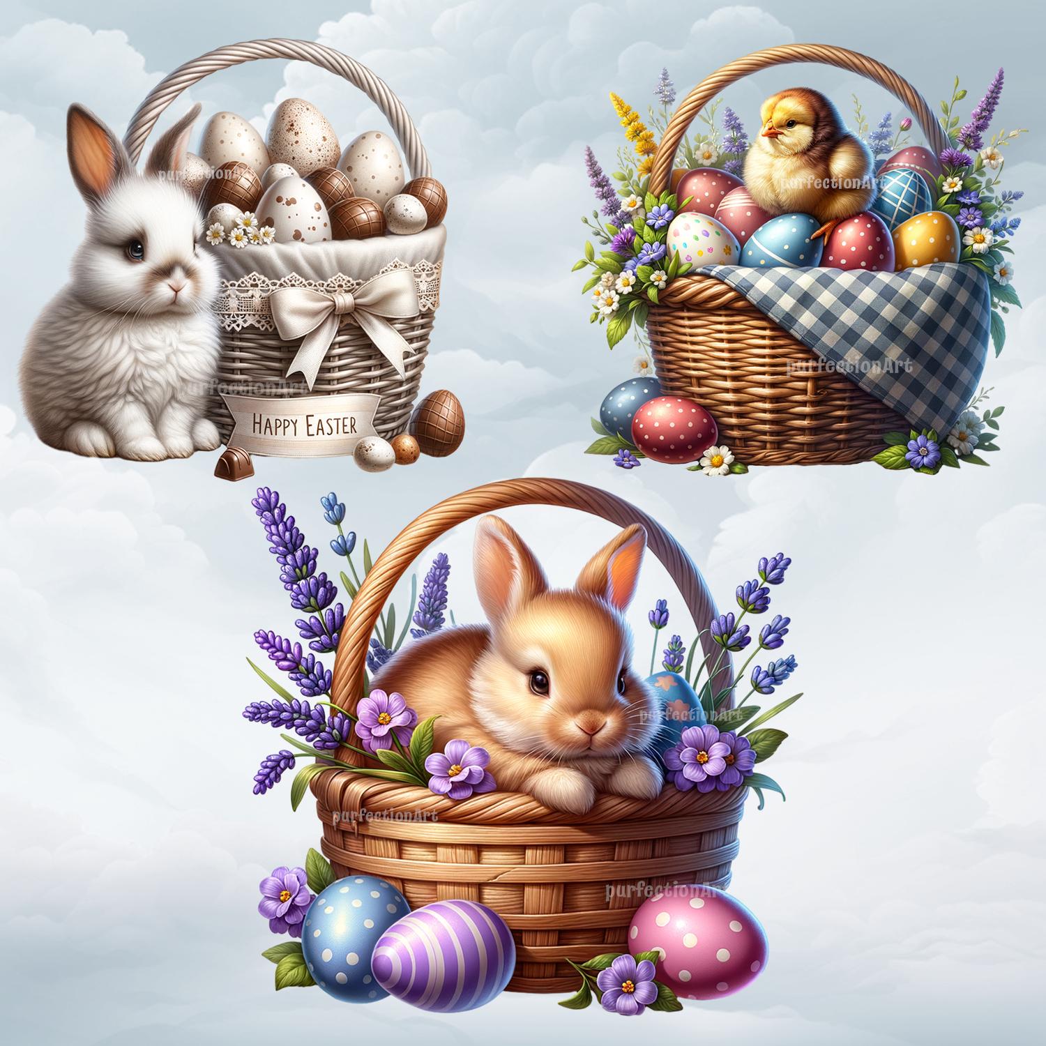 Rustic Easter Baskets Clipart Bundle - 15 Baskets With Cute Bunnies ...