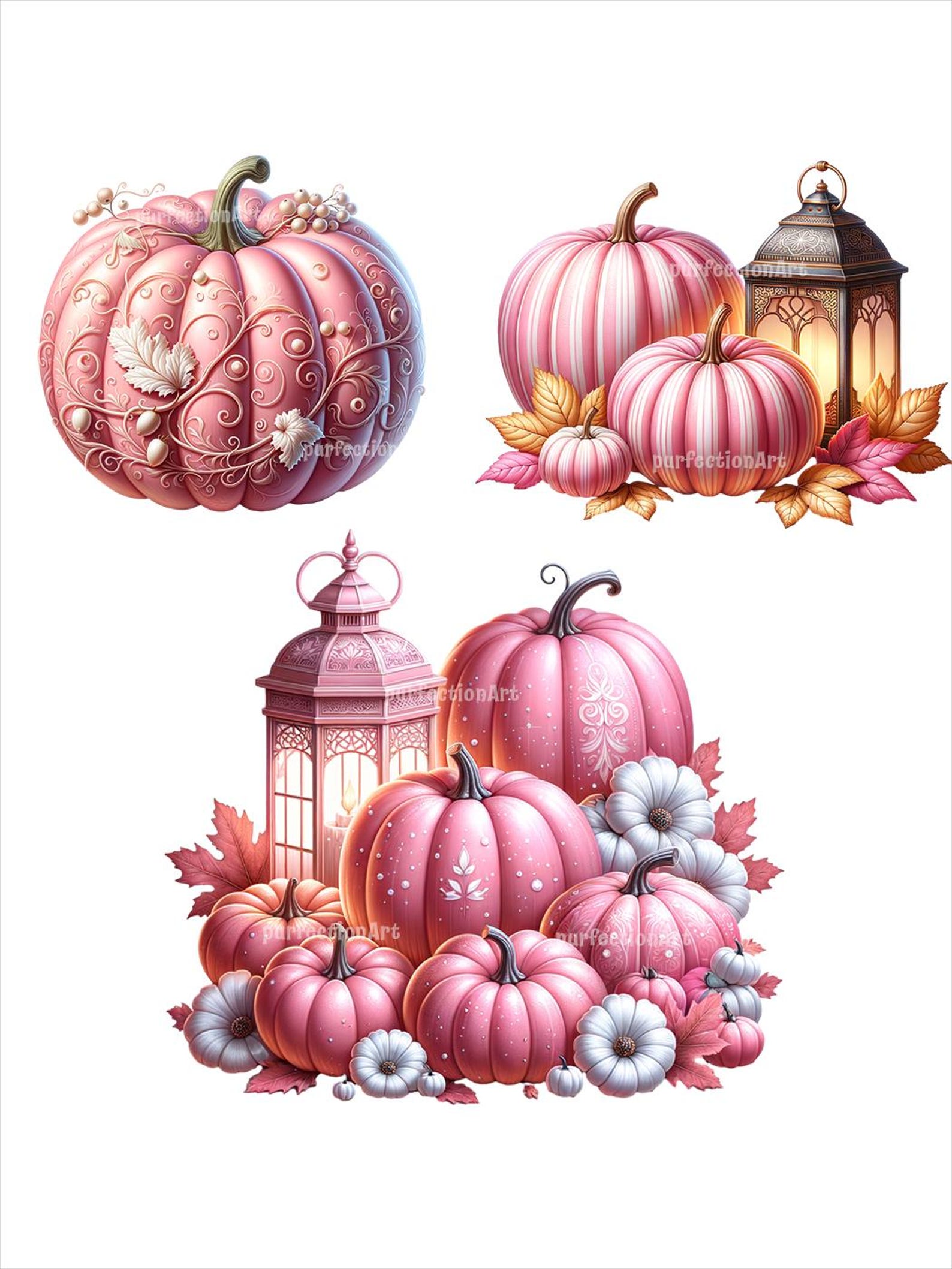 Pink Pumpkins Clipart Bundle: 13 Beautiful Pink Pumpkins With Gold and ...
