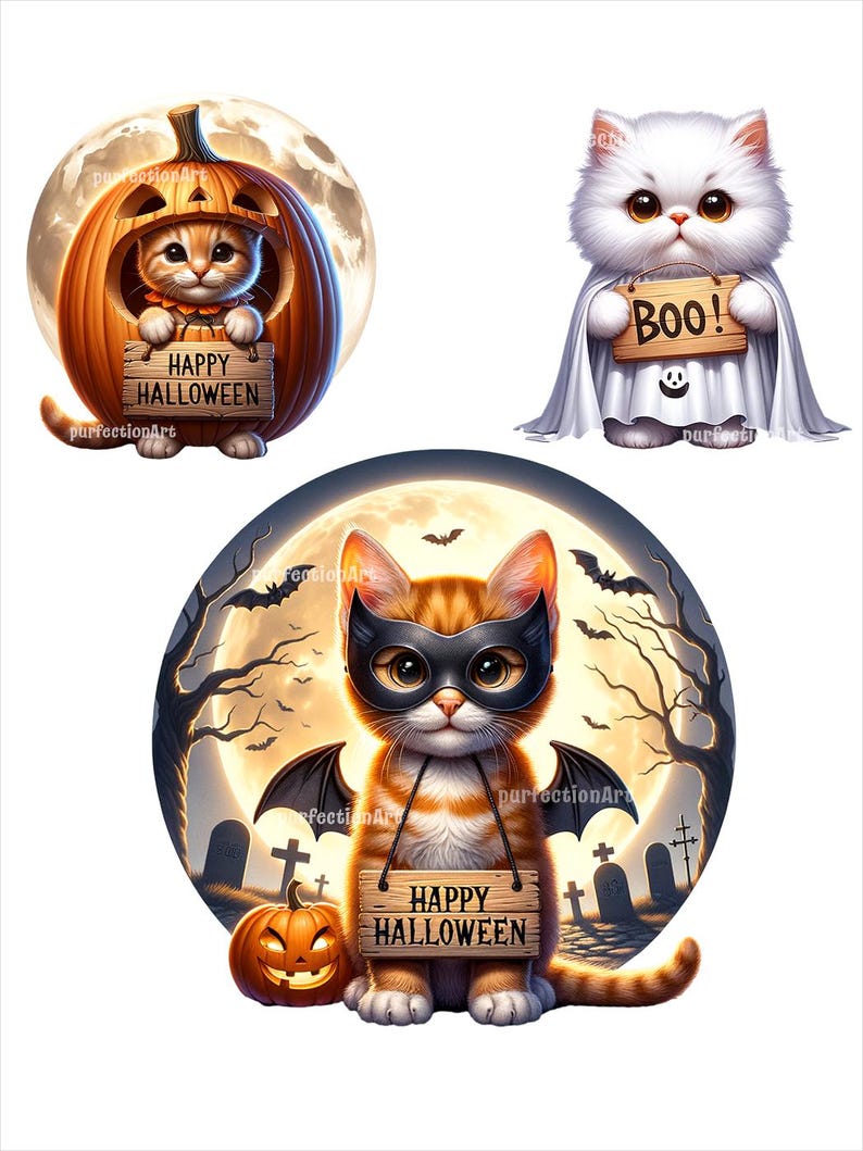 Halloween Cats Clipart Bundle, 11 Cute Halloween Themed Kitten PNG ...
