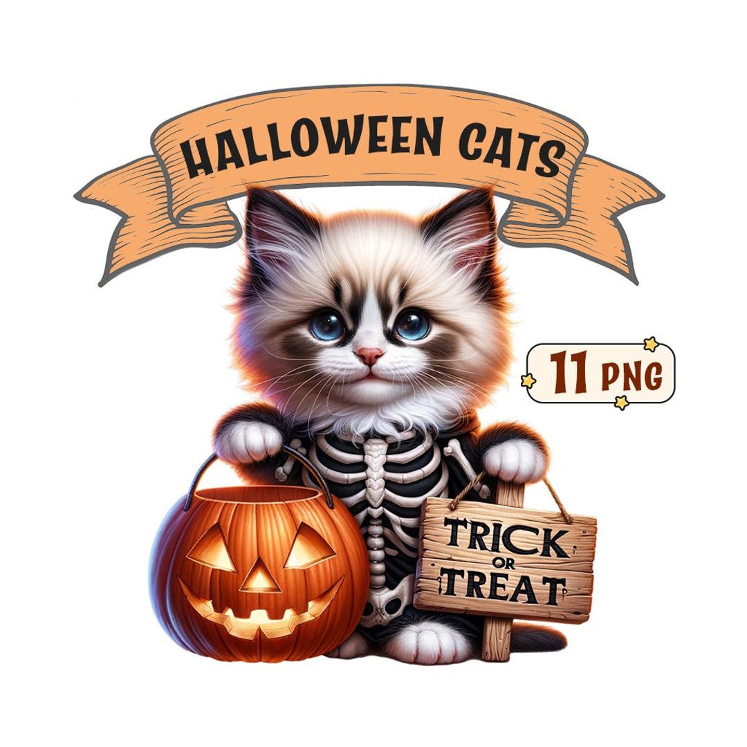 Halloween Cats Clipart Bundle, 11 Cute Halloween Themed Kitten PNG ...