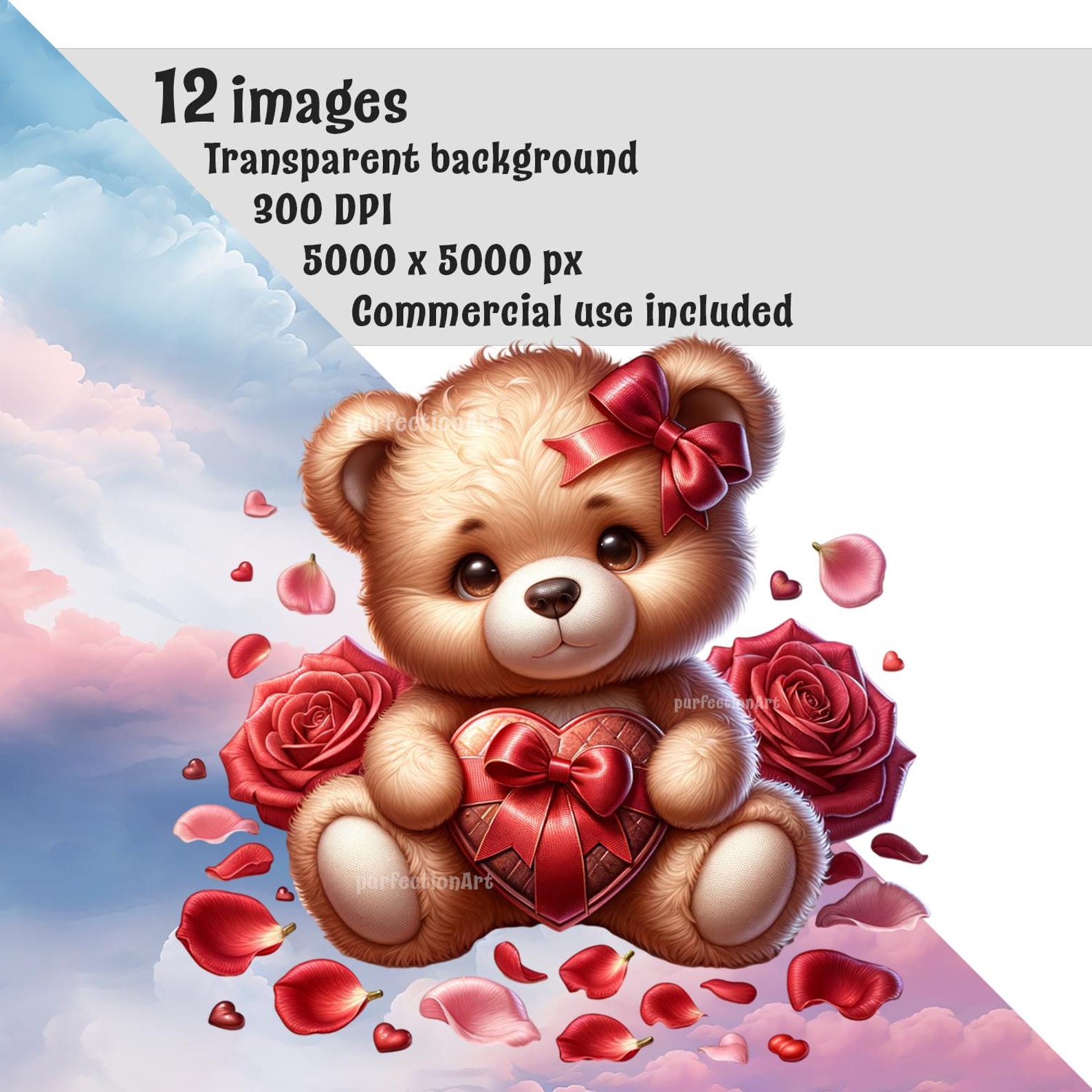 Valentine Teddy Bears Clipart Bundle, 12 Cute Valentine's Day Themed ...