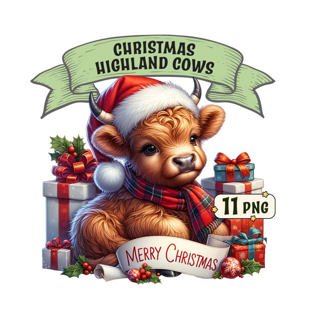 Christmas Highland Cows Clipart Bundle: 11 Cute Christmas Themed ...