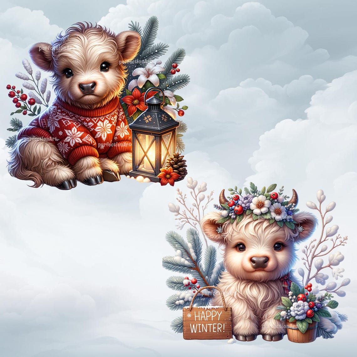 Winter Highland Cows Clipart Bundle, 10 Cute Winter Themed Highland Cow ...