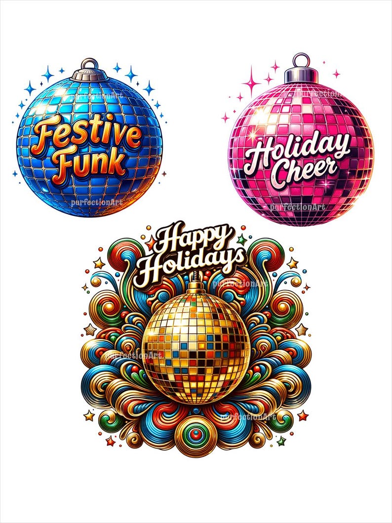 Christmas Disco Balls Clipart Bundle, 10 Retro Groovy-themed Christmas ...