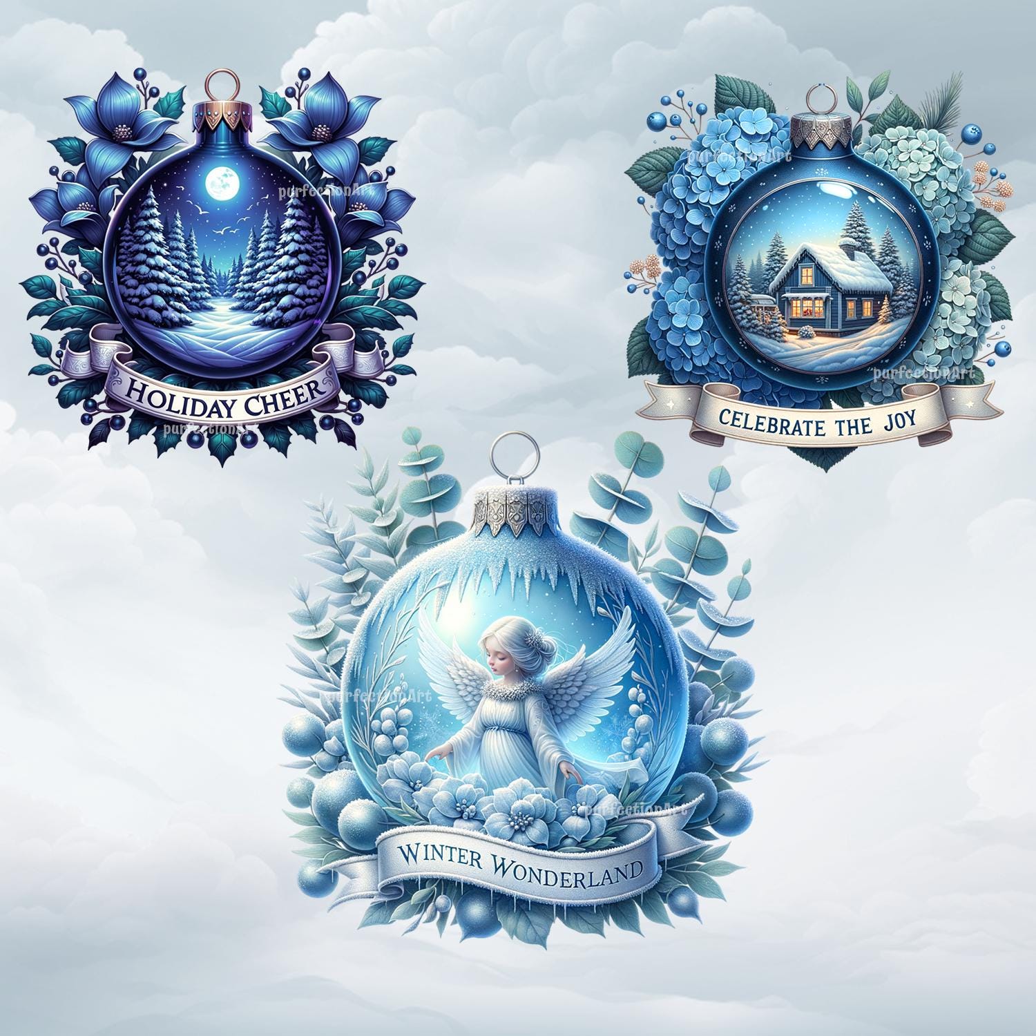 Blue Ornaments Clipart Bundle: 12 Christmas Themed Ornaments in Shades ...