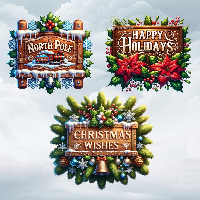 Christmas Signs Clipart Bundle, 14 Christmas Themed Festive Wooden ...