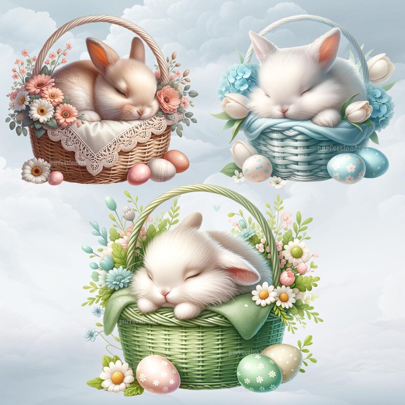 Sleepy Easter Bunnies Clipart Bundle, 10 Fluffy Baby Bunnies Sleeping ...
