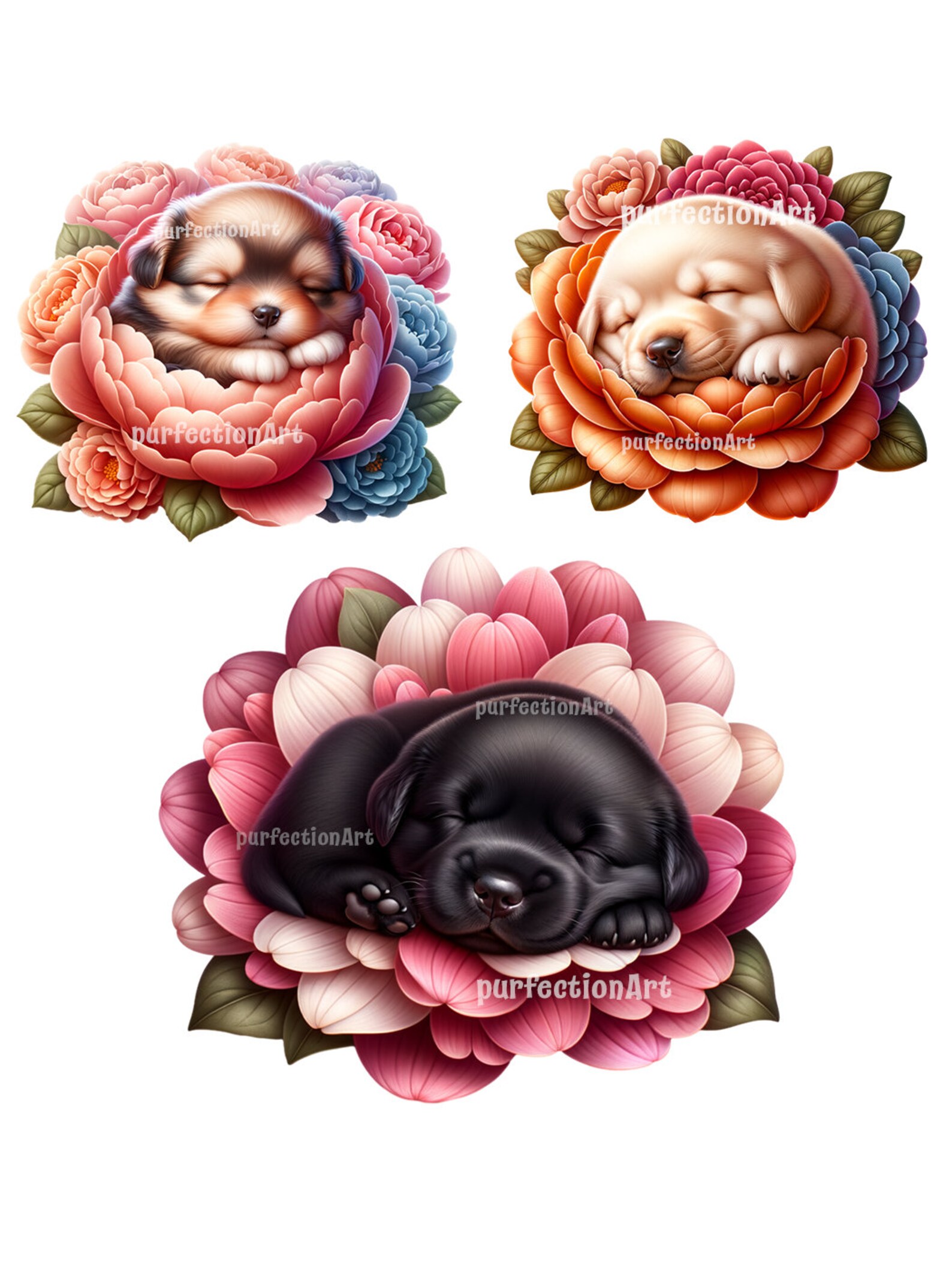 Pups in Petals Clipart Bundle: 16 Cute Puppies Sleeping in Flower ...