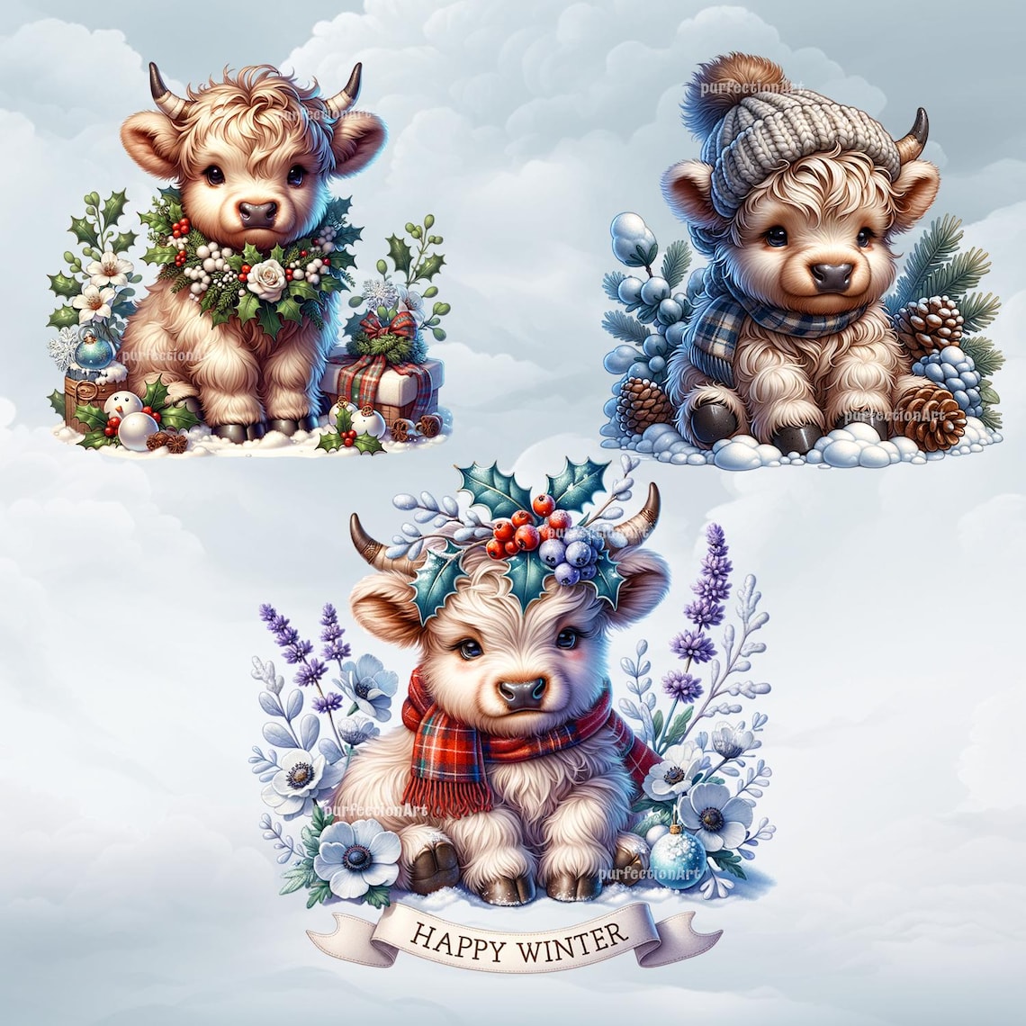 Winter Highland Cows Clipart Bundle, 10 Cute Winter Themed Highland Cow ...
