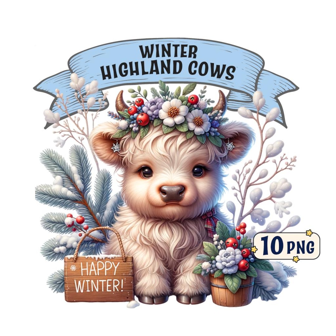 Winter Highland Cows Clipart Bundle, 10 Cute Winter Themed Highland Cow ...