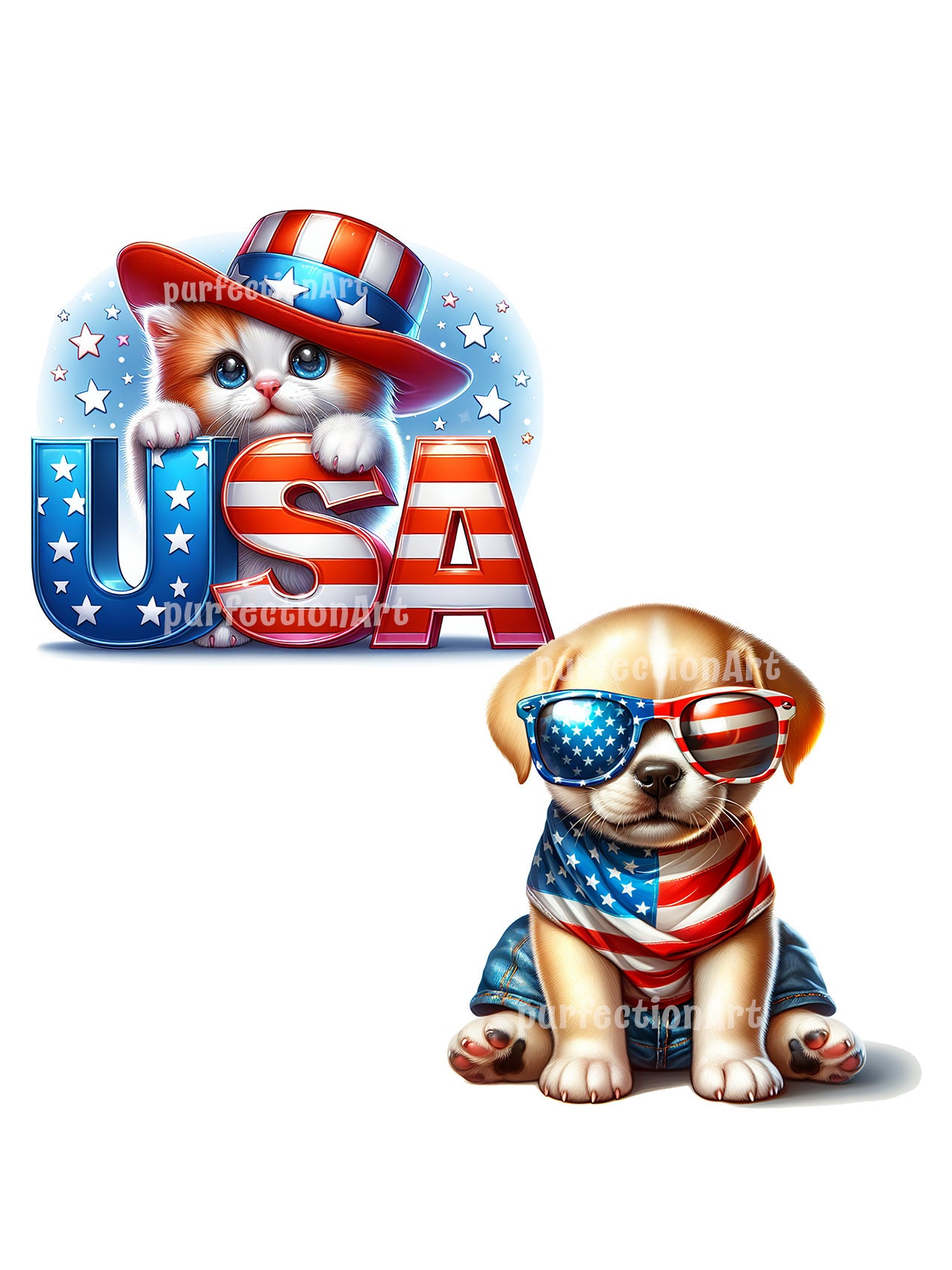 Patriotic Cats and Dogs Clipart Bundle, 12 High-quality PNG, 4th of ...