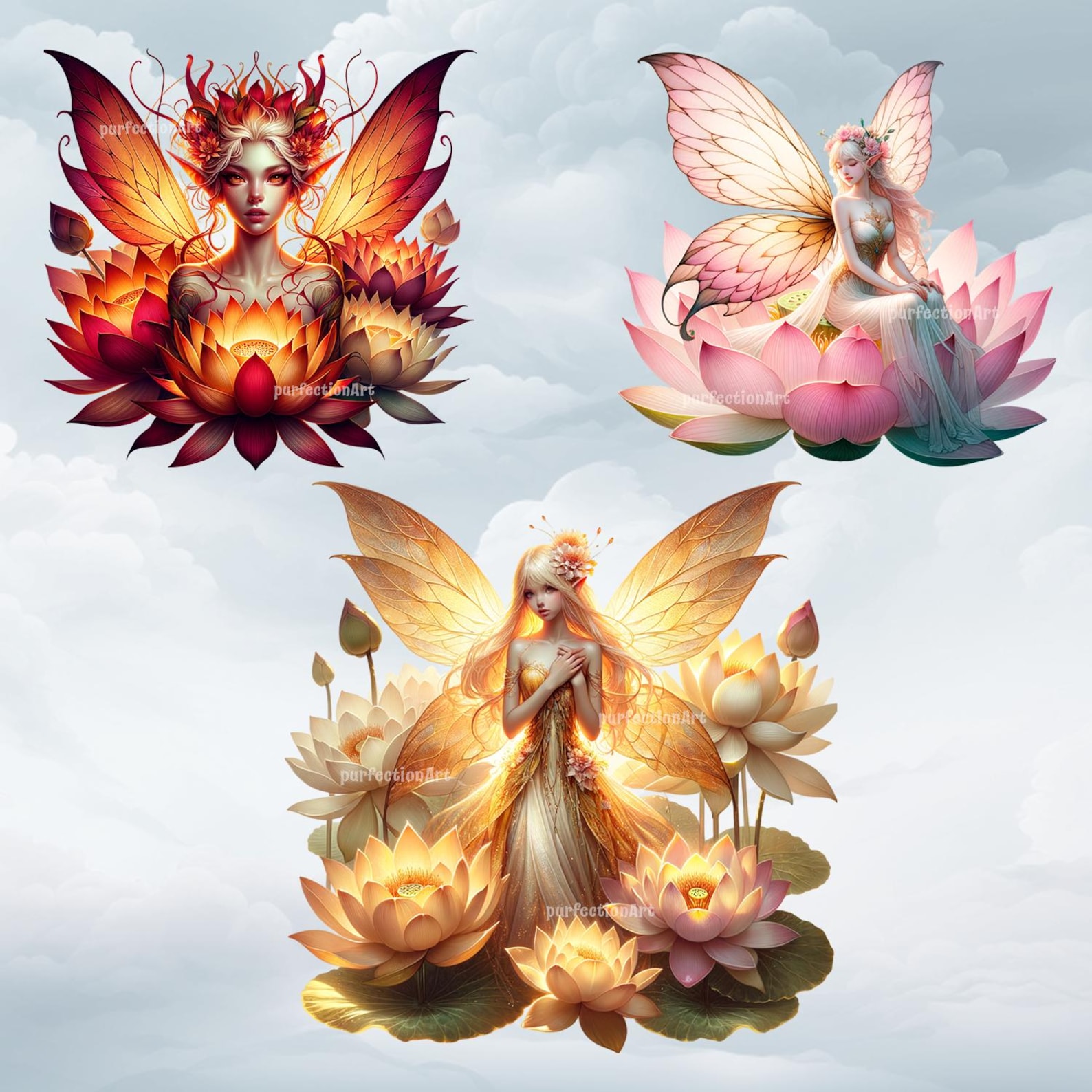 Lotus Fairies Clipart Bundle: 13 Beautiful Fairies With Colorful Lotus ...