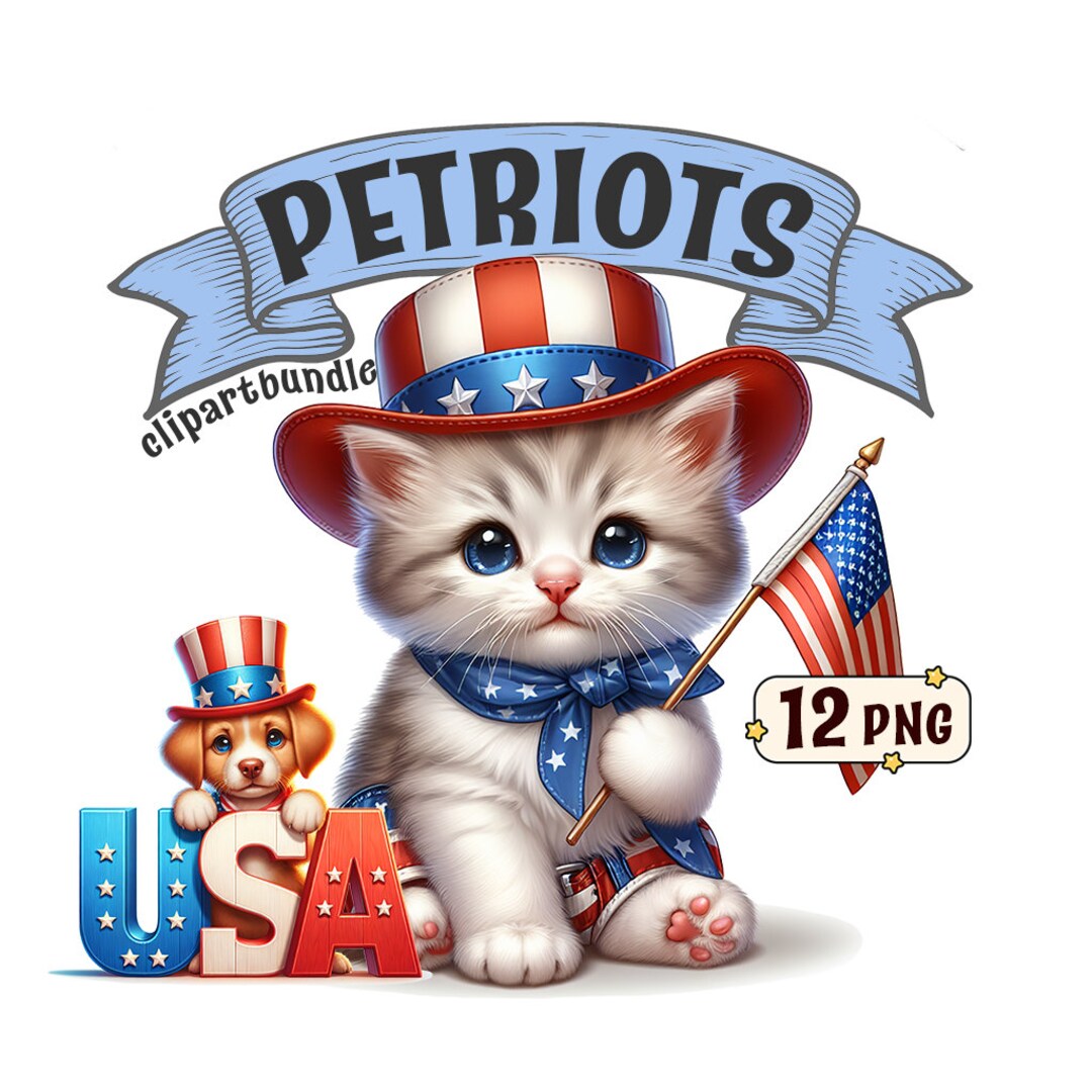 Patriotic Cats and Dogs Clipart Bundle, 12 High-quality PNG, 4th of ...