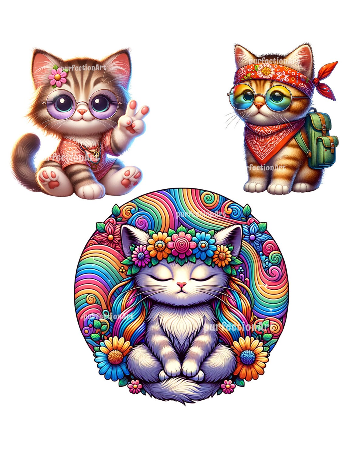 Hippie Kitties Clipart Bundle, 12 Cool Groovy Cats PNG Images With ...