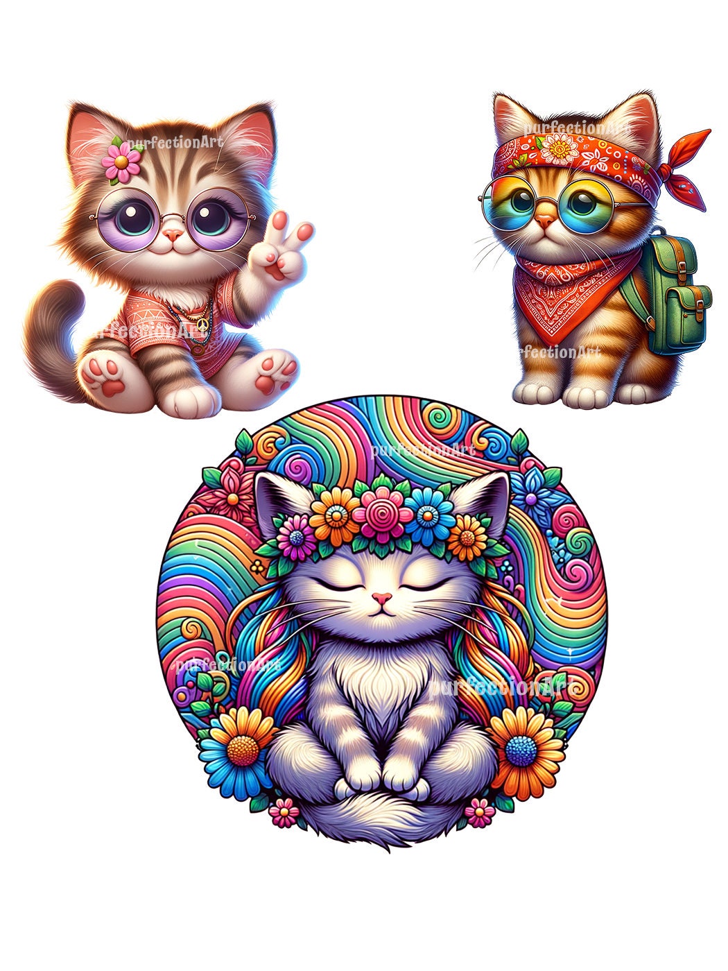 Hippie Kitties Clipart Bundle, 12 Cool Groovy Cats PNG Images With ...