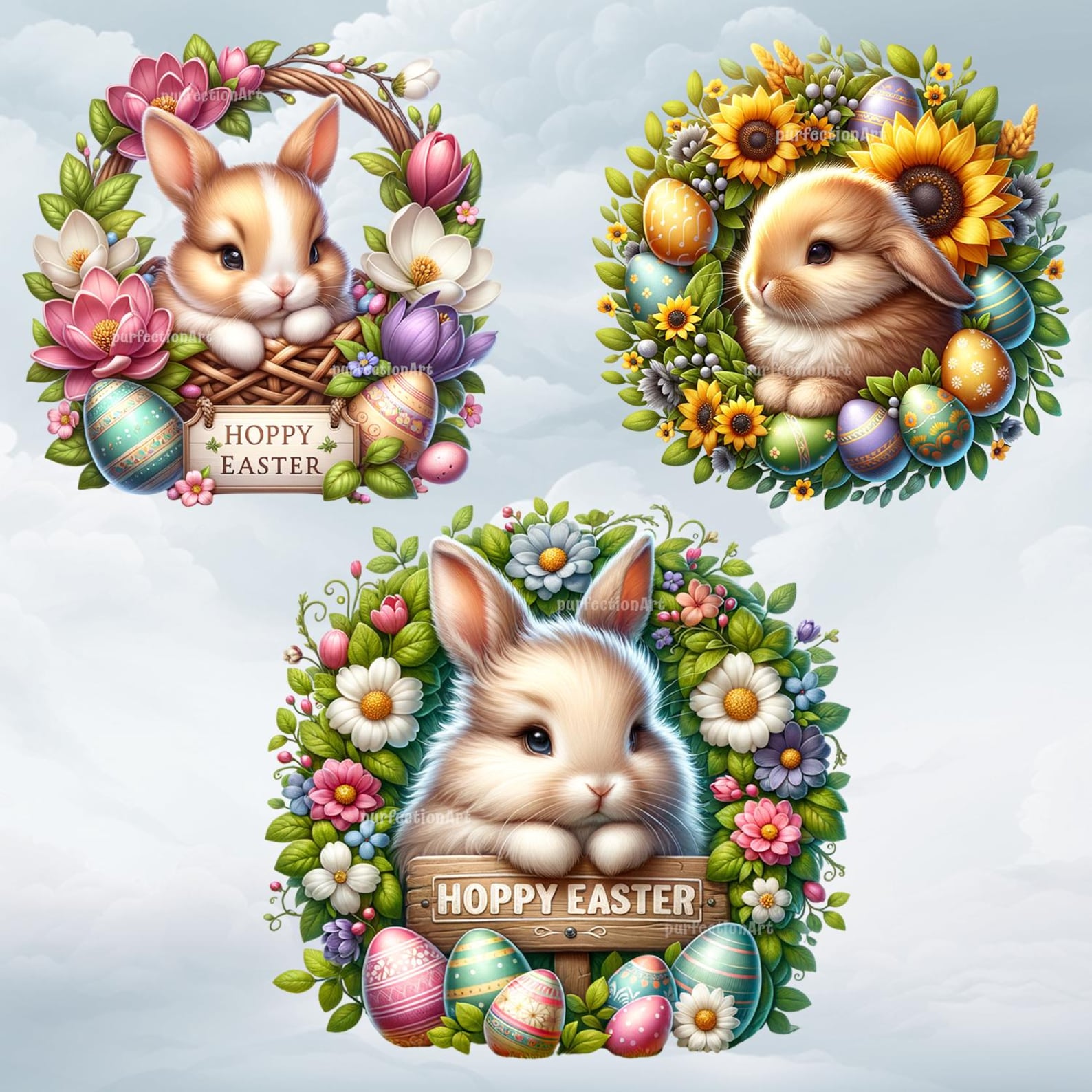 Hoppy Easter Clipart Bundle, 12 Cute Easter-themed Bunnies With Floral ...