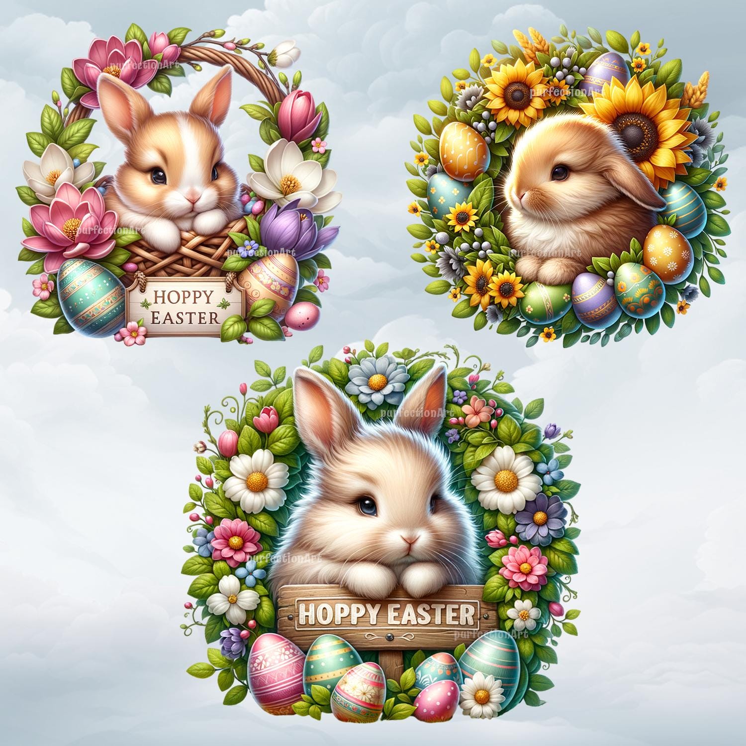 Hoppy Easter Clipart Bundle, 12 Cute Easter-themed Bunnies With Floral ...