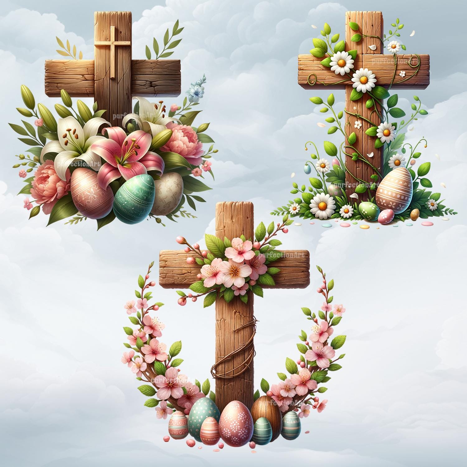 Rustic Easter Crosses Clipart Bundle, 10 Floral Crosses With Easter ...