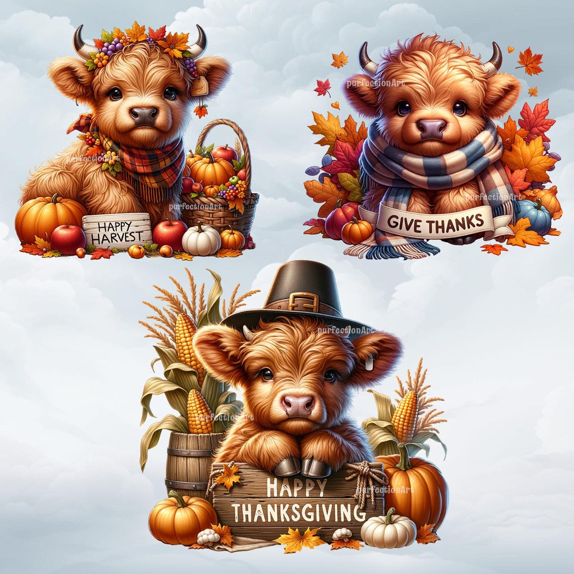 Thanksgiving Highland Cows Clipart Bundle, 11 Adorable Thanksgiving ...