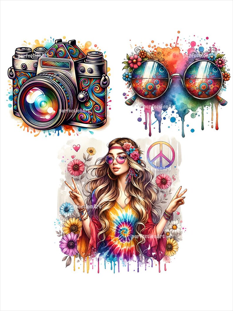 Groovy Set Clipart Bundle: 14 Hippie Themed Groovy Watercolor PNG ...