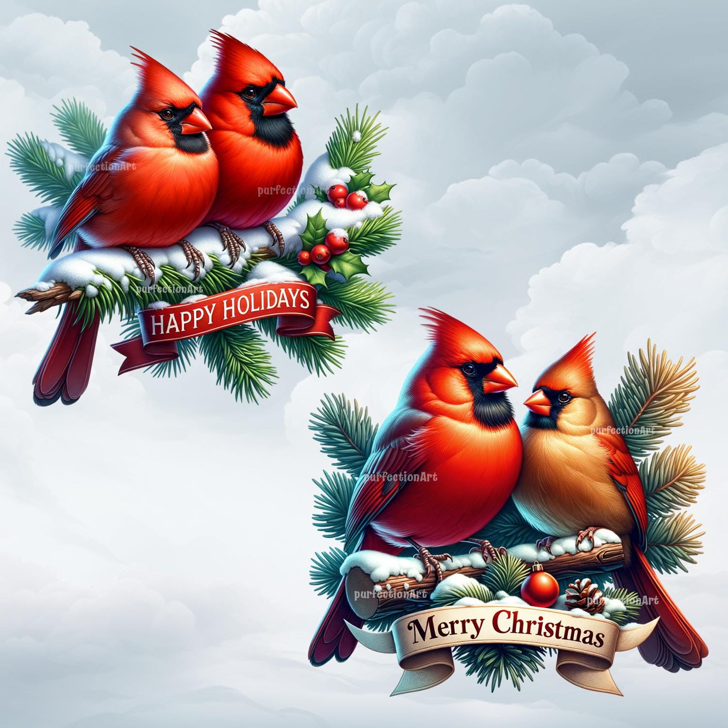 Christmas Cardinals Clipart Bundle, 14 Beautiful Christmas Cardinals ...