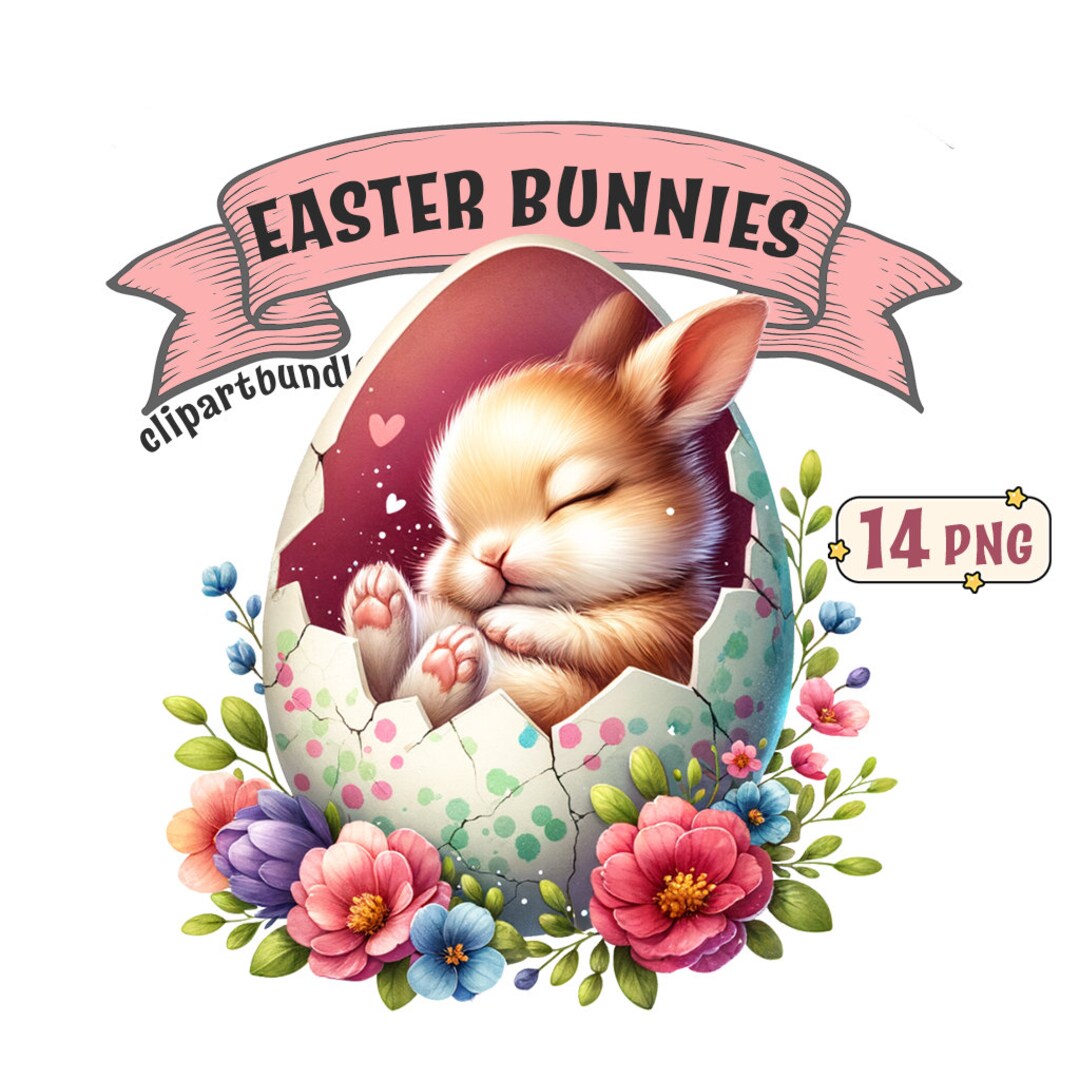 Easter Bunnies Clipart Bundle, 14 Cute Baby Bunnies Sleeping in Easter ...