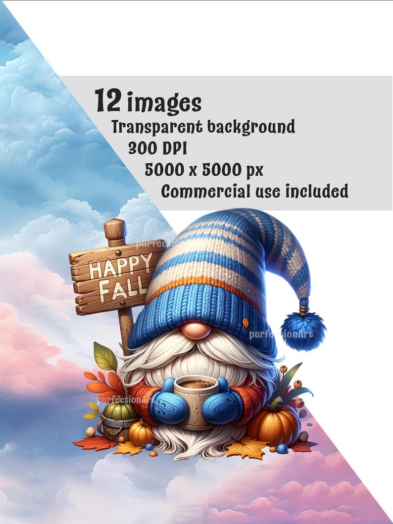 Autumn Gnomes Clipart Bundle, 12 Autumn Themed Cute Gnome PNG Images ...