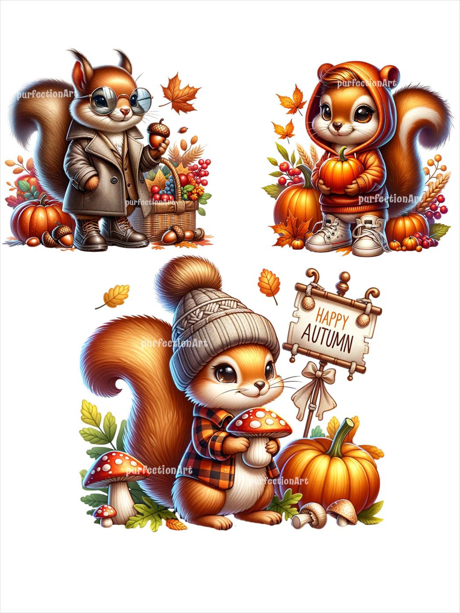 Fall Squirrels Clipart Bundle, 10 Cute and Cozy Fall Themed Squirrel ...