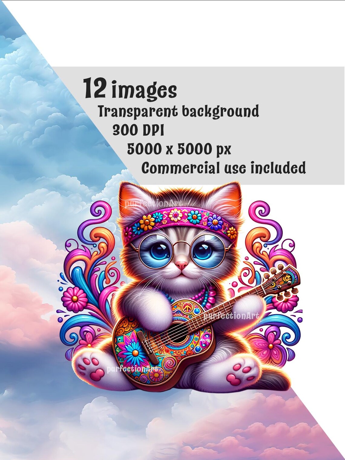 Hippie Kitties Clipart Bundle, 12 Cool Groovy Cats PNG Images With ...