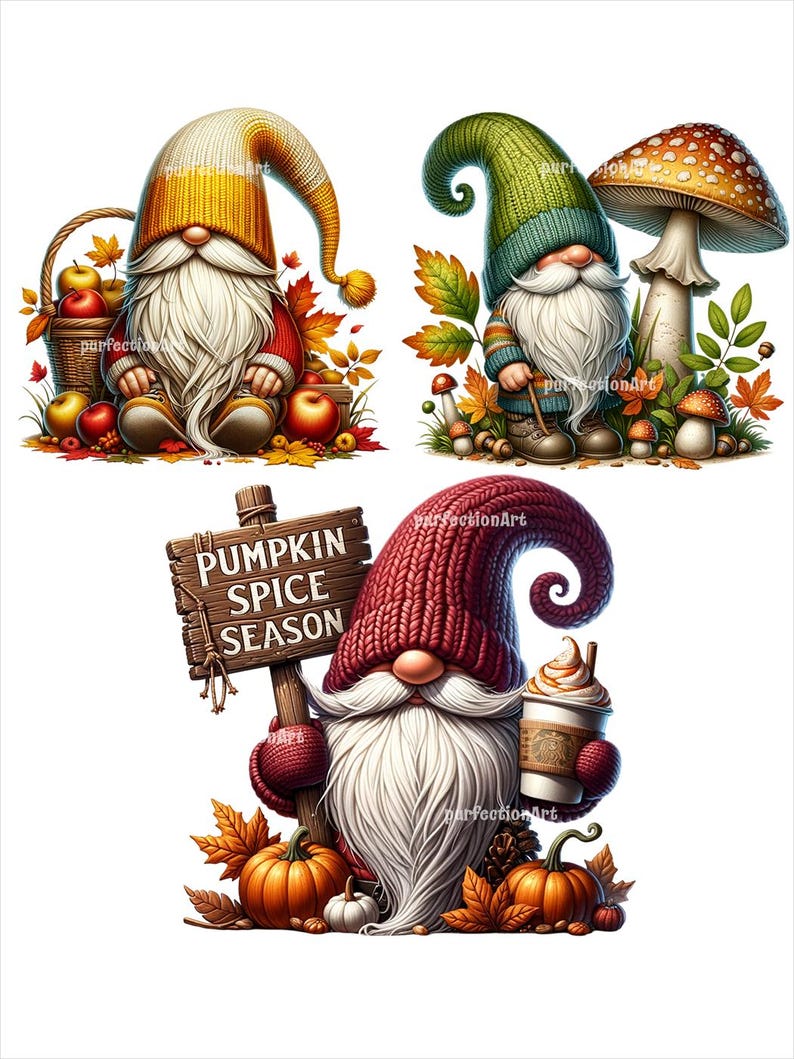 Autumn Gnomes Clipart Bundle, 12 Autumn Themed Cute Gnome PNG Images ...