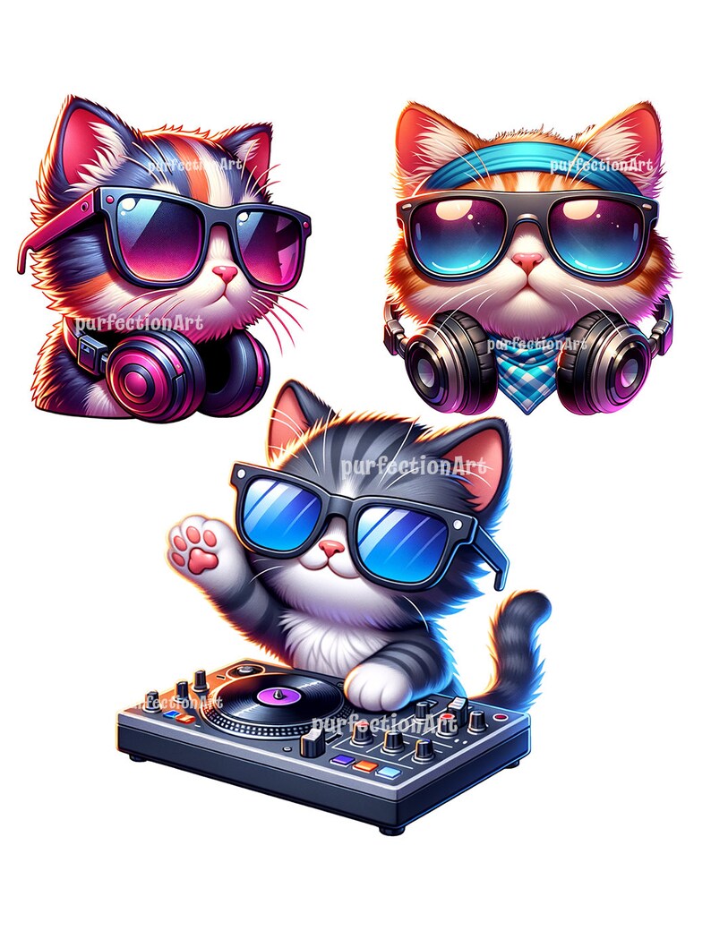 DJ Paws Clipart Bundle: 12 Playful and Cool DJ Cat PNG Images With ...