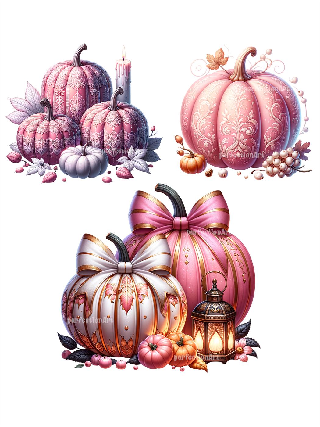 Pink Pumpkins Clipart Bundle: 13 Beautiful Pink Pumpkins With Gold and ...