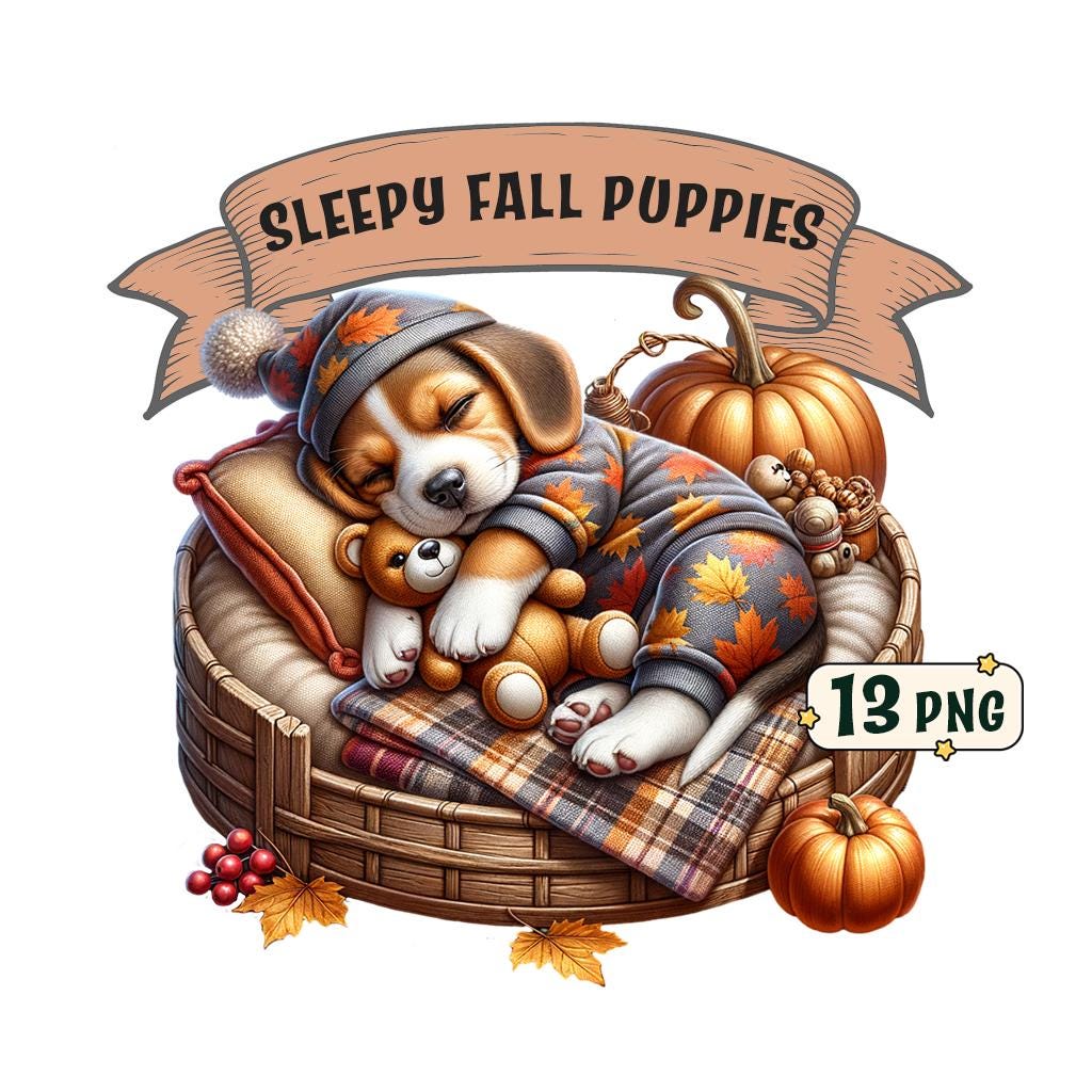 Sleepy Fall Puppies Clipart Bundle, 13 Adorable Sleeping Puppies, Fall ...