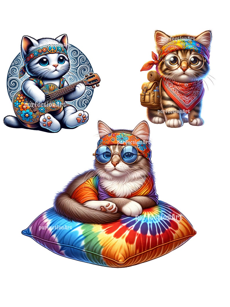 Hippie Kitties Clipart Bundle, 12 Cool Groovy Cats PNG Images With ...
