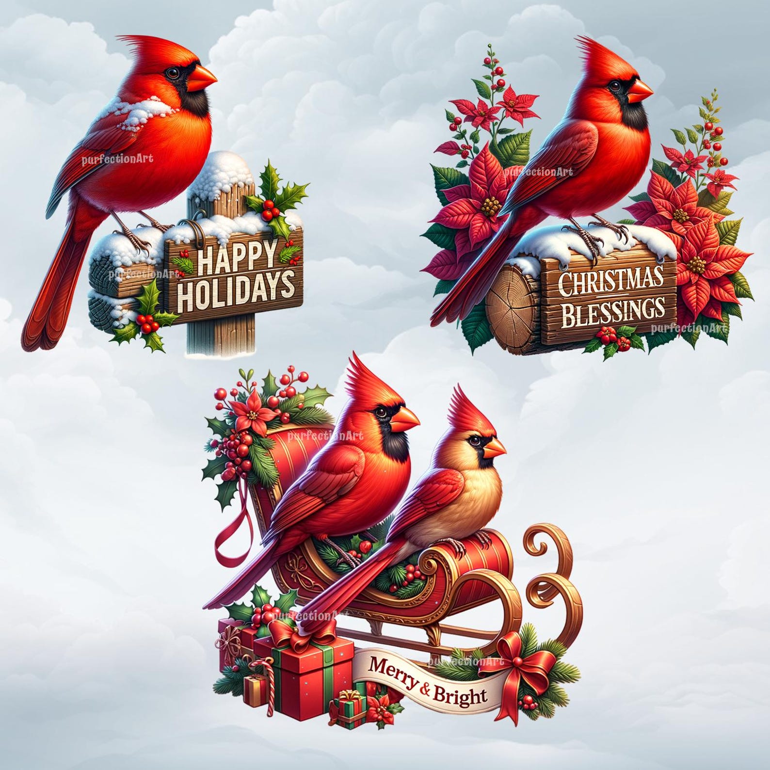 Christmas Cardinals Clipart Bundle, 14 Beautiful Christmas Cardinals ...