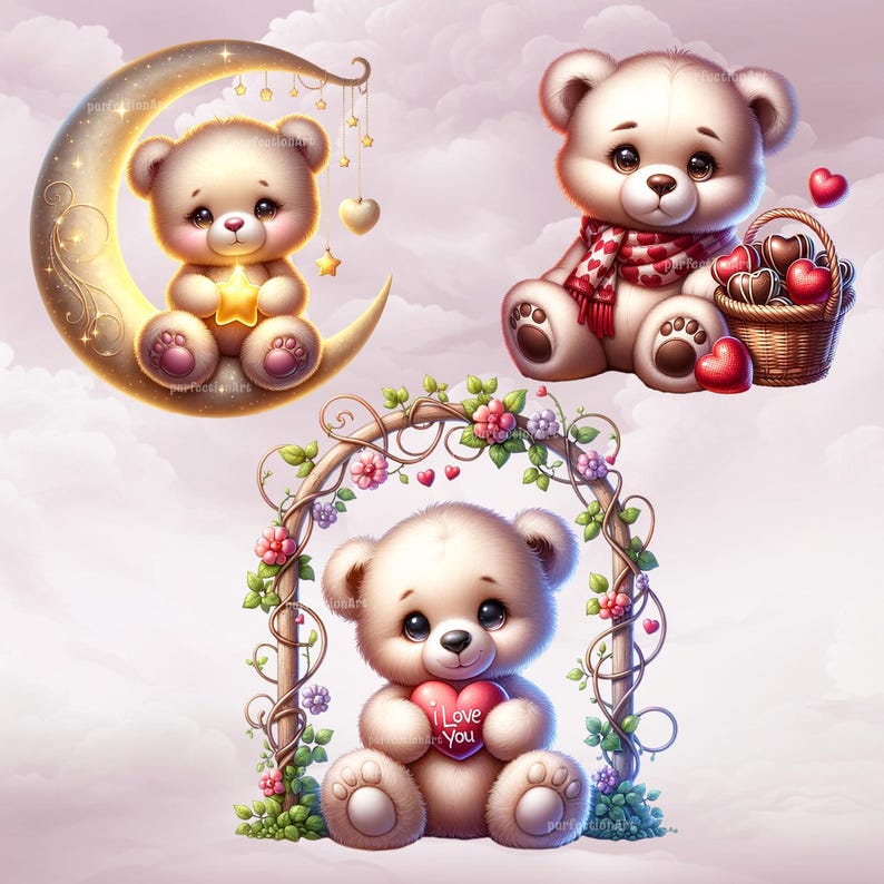 Valentine Teddy Bears Clipart Bundle, 12 Cute Valentine's Day Themed ...