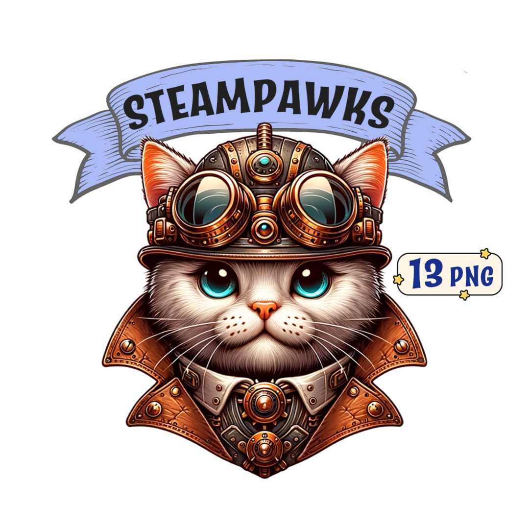 Steampawks Clipart Bundle, 13 Steampunk Themed Cool Cat PNG Images With ...
