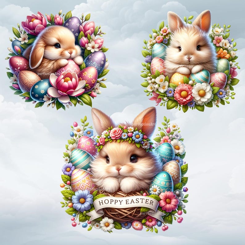 Hoppy Easter Clipart Bundle, 12 Cute Easter-themed Bunnies With Floral ...