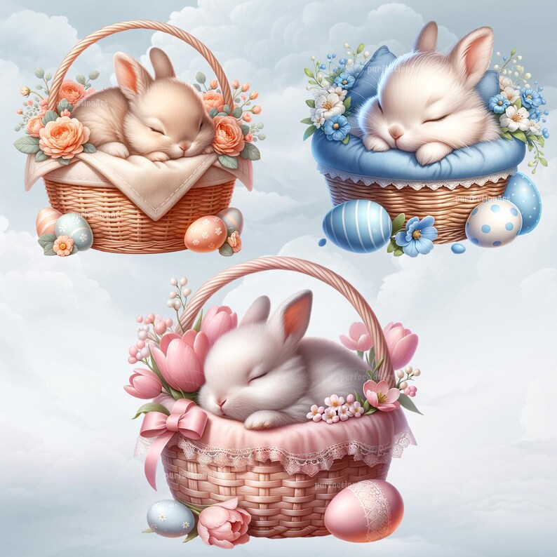 Sleepy Easter Bunnies Clipart Bundle, 10 Fluffy Baby Bunnies Sleeping ...