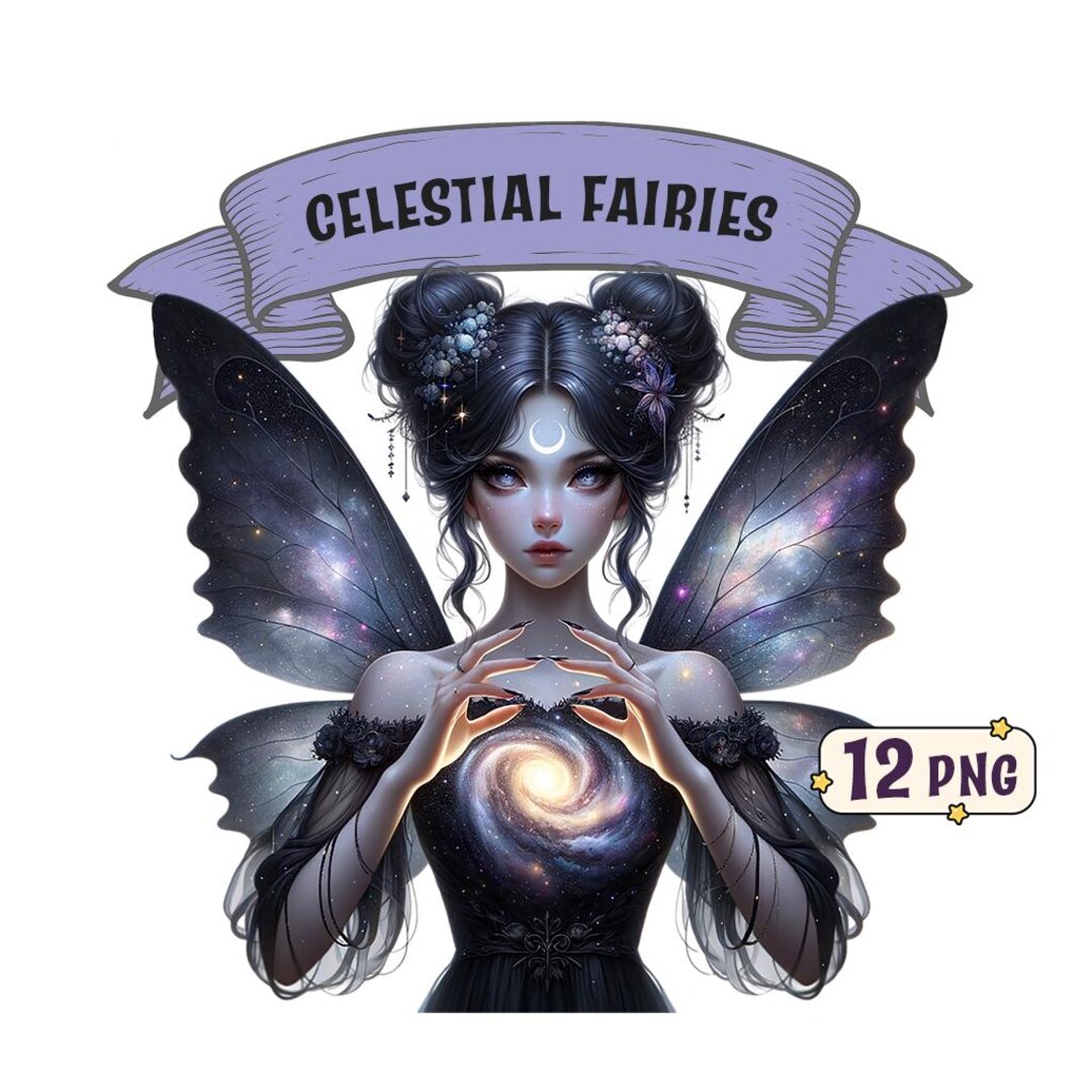Celestial Fairies Clipart Bundle, 12 Beautiful Celestial-themed Fairies, PNG Images, Transparent ...