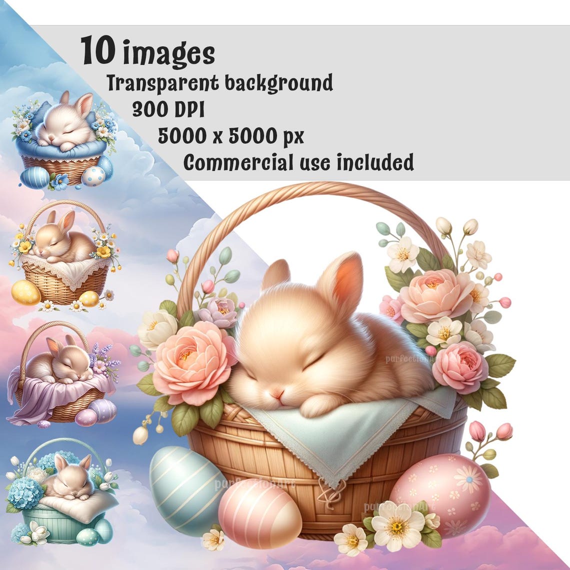 Sleepy Easter Bunnies Clipart Bundle, 10 Fluffy Baby Bunnies Sleeping ...