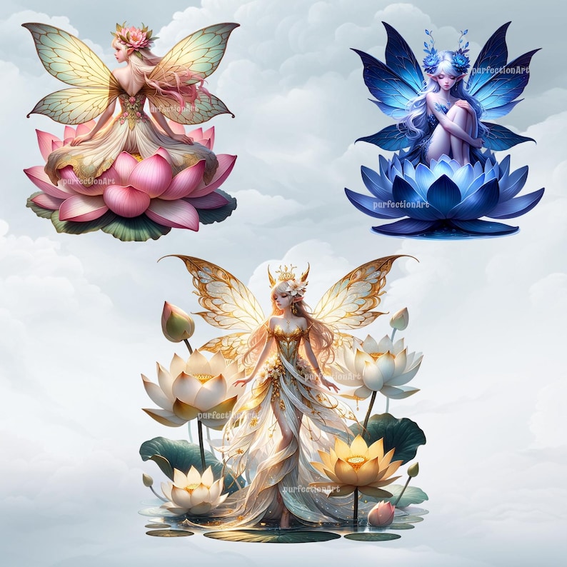 Lotus Fairies Clipart Bundle: 13 Beautiful Fairies With Colorful Lotus ...