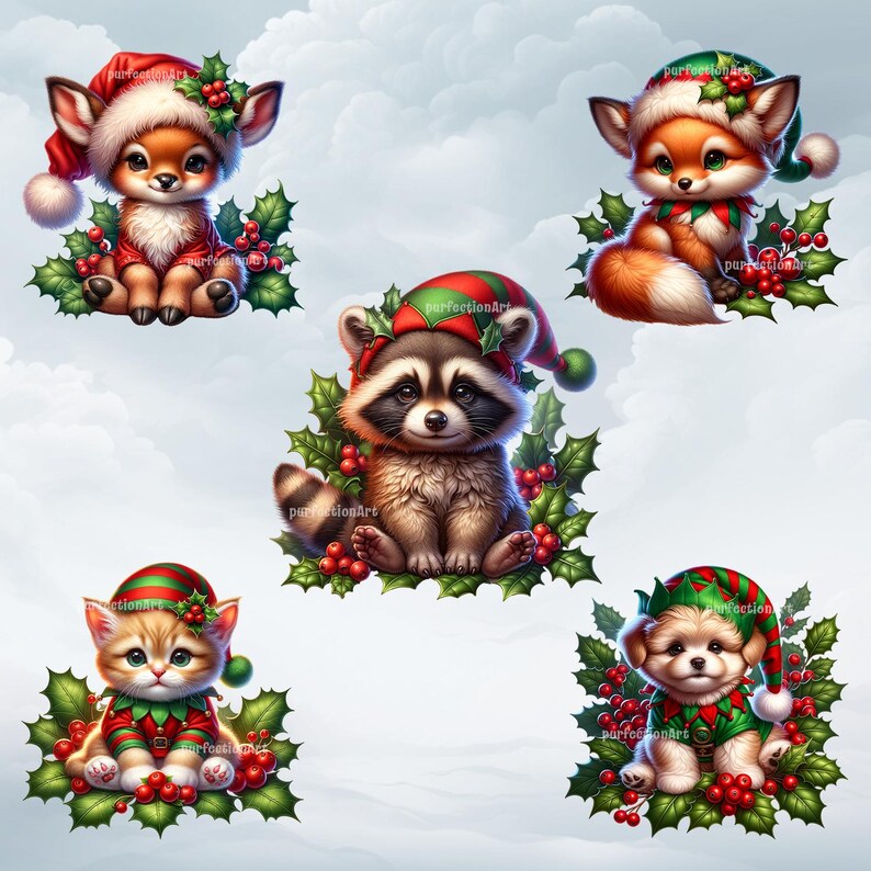 Animal Elves Clipart Bundle – 20 Adorable Christmas-themed Baby Animals ...