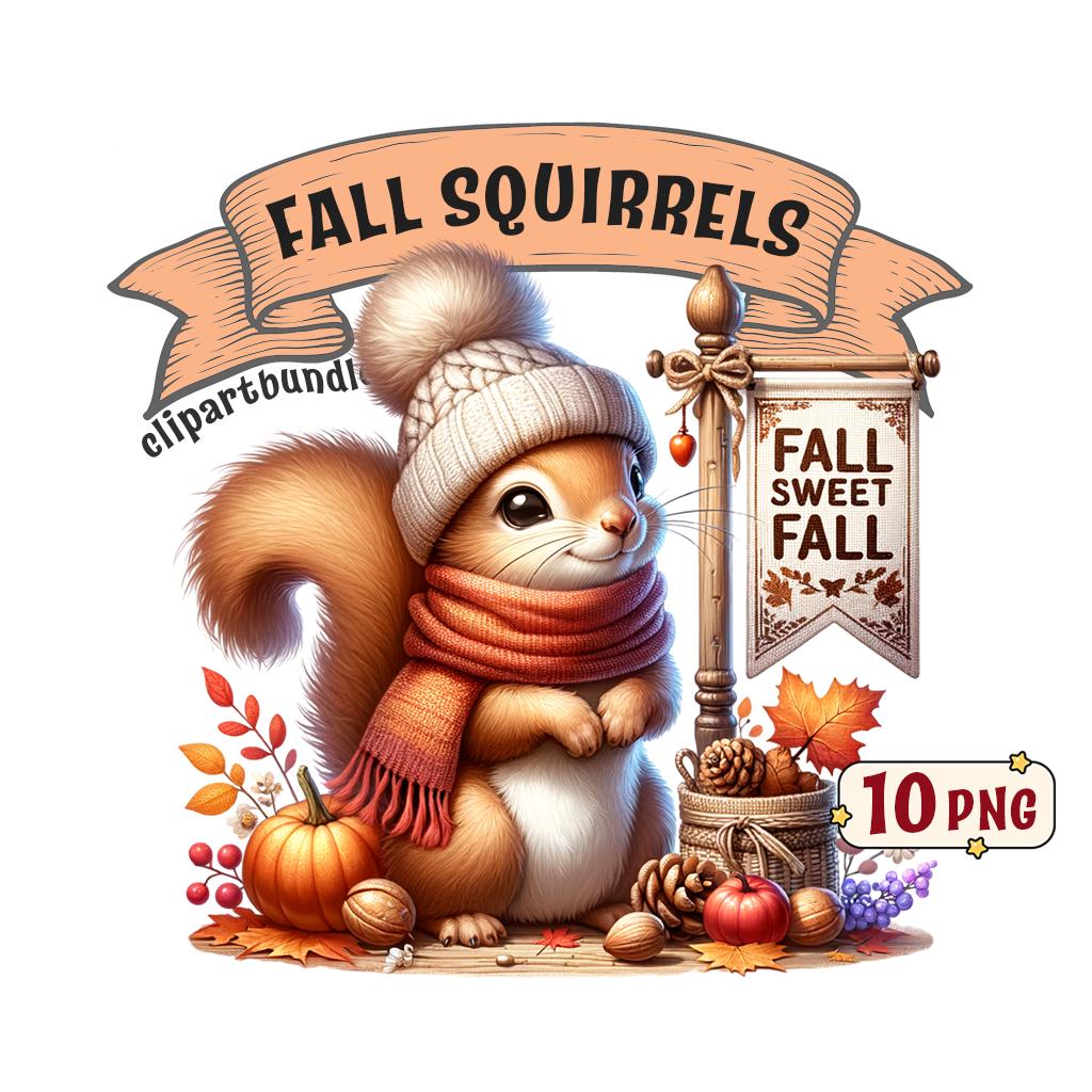 Fall Squirrels Clipart Bundle, 10 Cute and Cozy Fall Themed Squirrel ...