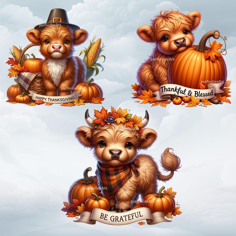 Thanksgiving Highland Cows Clipart Bundle, 11 Adorable Thanksgiving ...