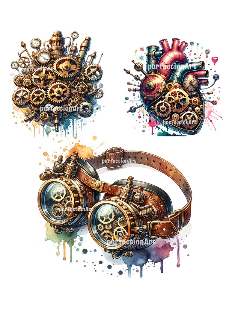 Hearts and Gears Clipart Bundle, 12 Steampunk Themed Watercolor PNG ...