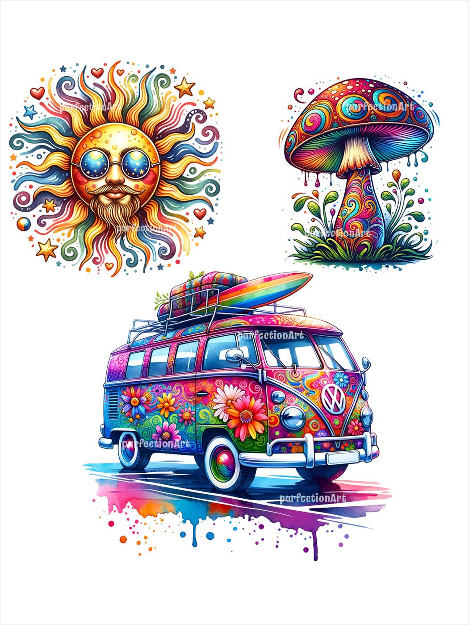 Groovy Set Clipart Bundle: 14 Hippie Themed Groovy Watercolor PNG ...