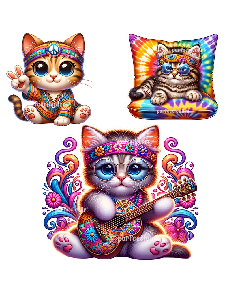 Hippie Kitties Clipart Bundle, 12 Cool Groovy Cats PNG Images With ...